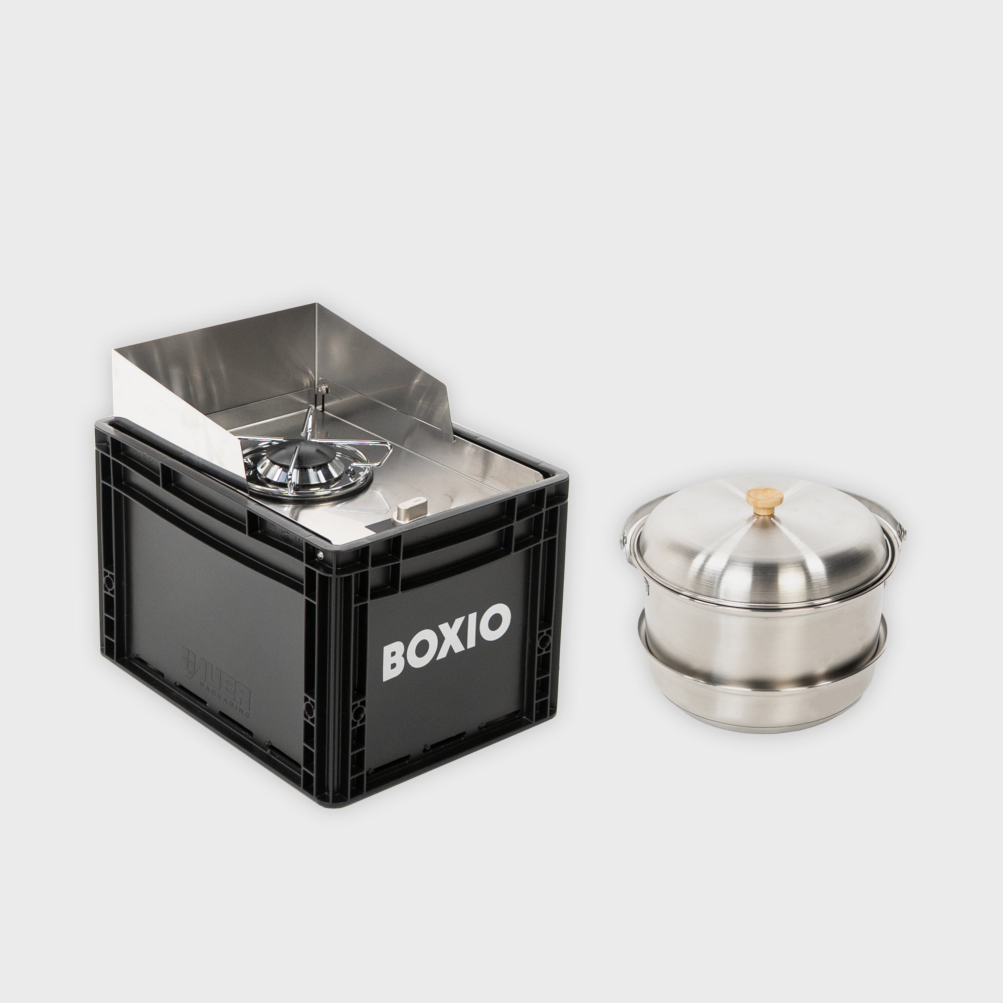 BOXIO COOK PLUS I Mobile gas stove in Eurobox format with camping pot set